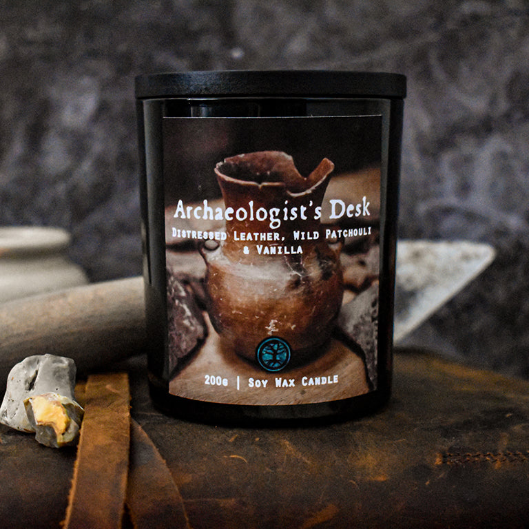 Archaeologist's Desk Candle | Distressed Leather, Wild Patchouli, and ...